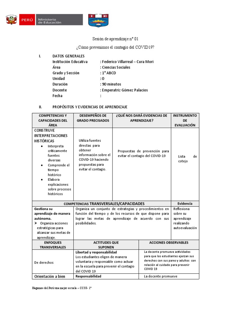 Sesiones de Aprendizaje Unidad 0 - CCSS - 1° | PDF | Aprendizaje | Evaluación