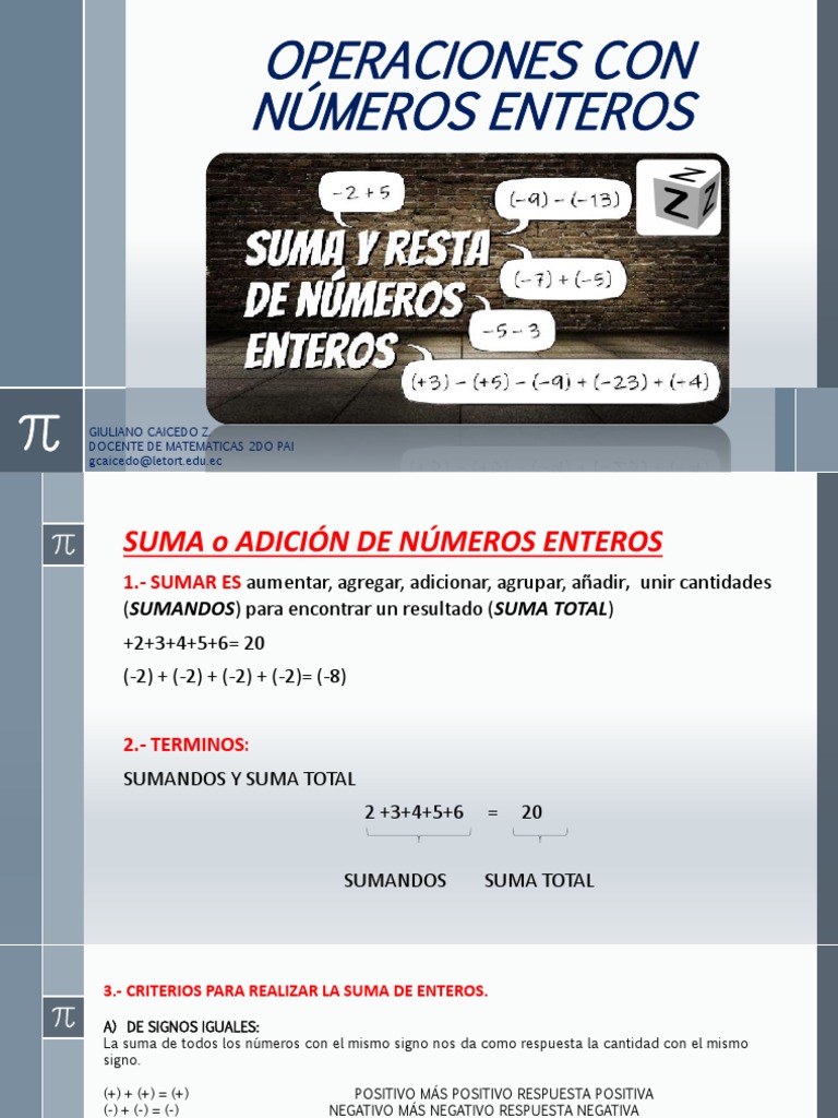 Operaciones con Números Enteros | PDF | Sustracción | Entero