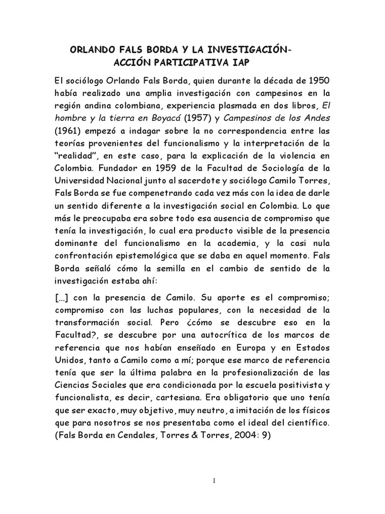Orlando Fals Borda Y La Investigación Acción Participativa Pdf