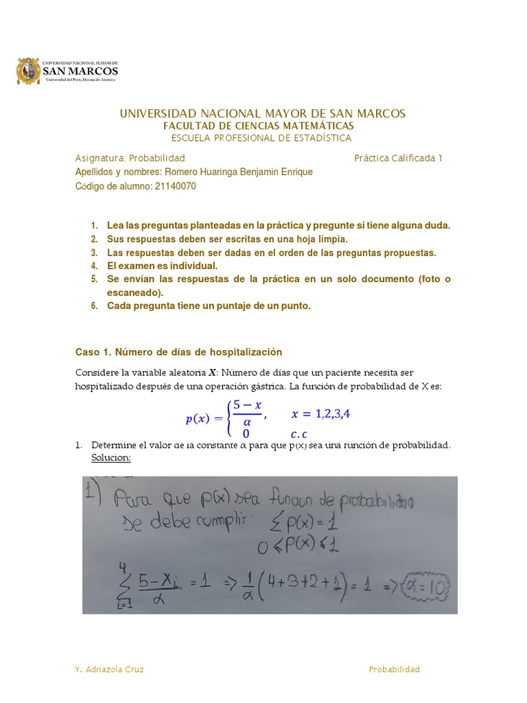 Primera Practica Calificada de Probabilidad - Benjamin Enrique Romero Huaringa | PDF ...