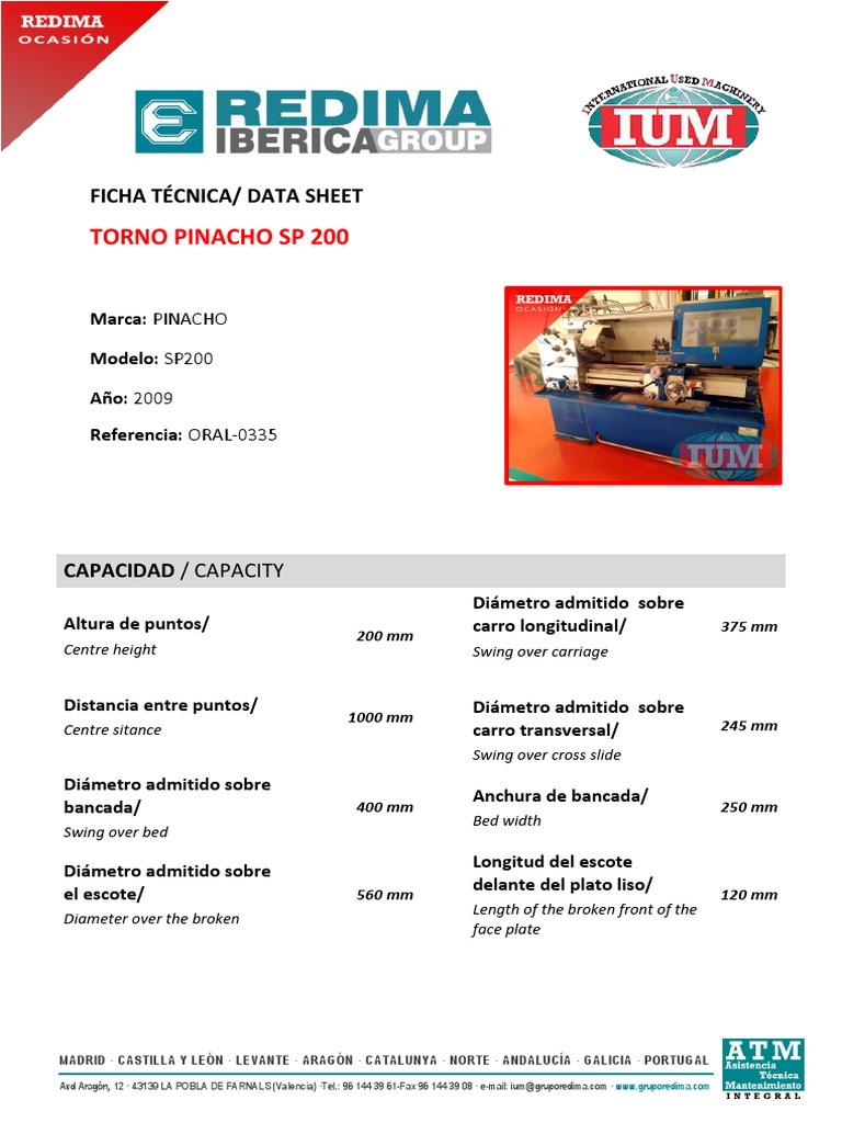 Torno Pinacho SP 200: Ficha Técnica/ Data Sheet | PDF