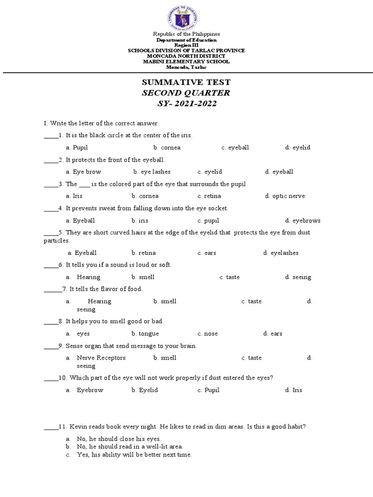 Grade 2 Science Summative Test Q2 | PDF | Human Eye | Eye