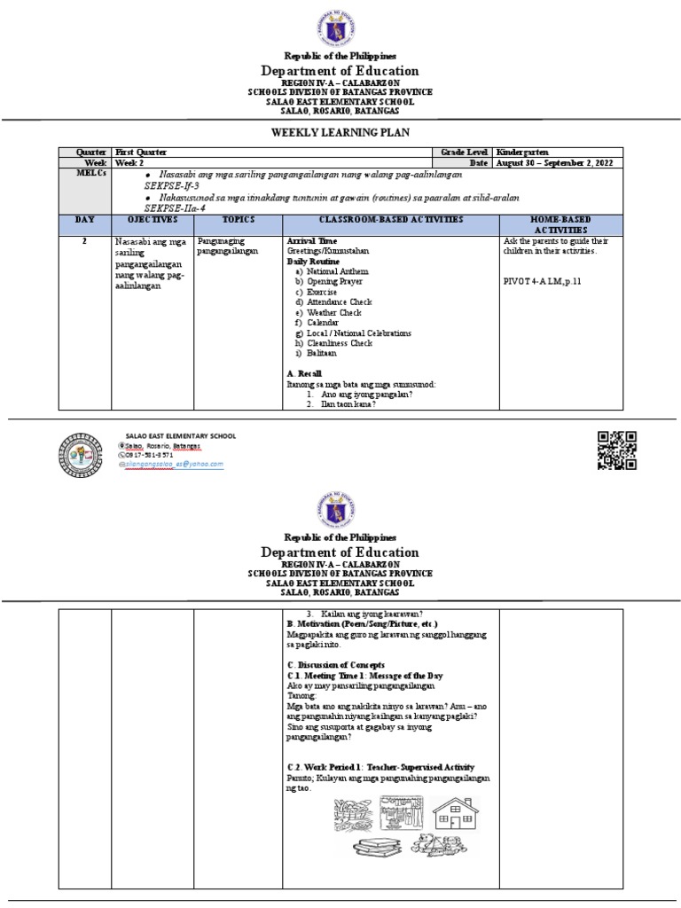 Kindergarten WEEKLY LEARNING PLAN FORMAT 12345 | PDF