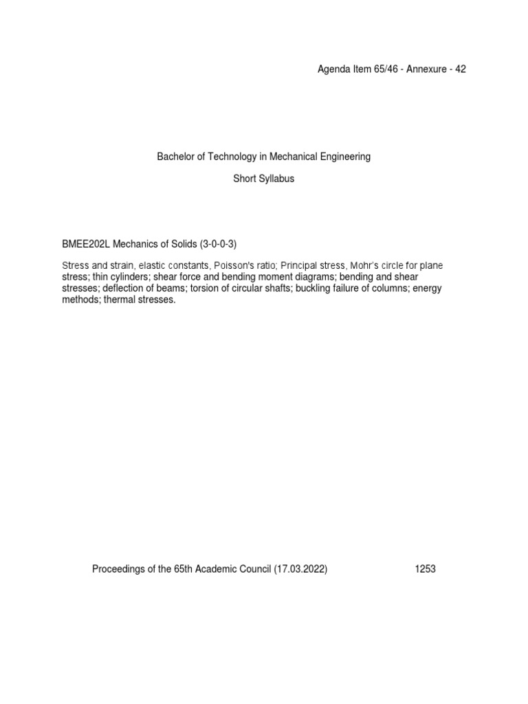 B.Tech Mechanical Engineering Syllabus | PDF | Bending | Stress (Mechanics)