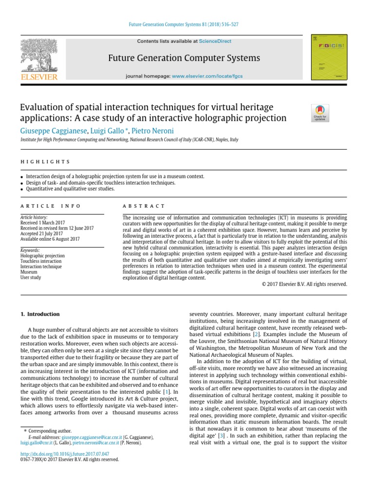 Evaluation of Spatial Interaction Techniques For Virtual Heritage | PDF | Holography | User ...