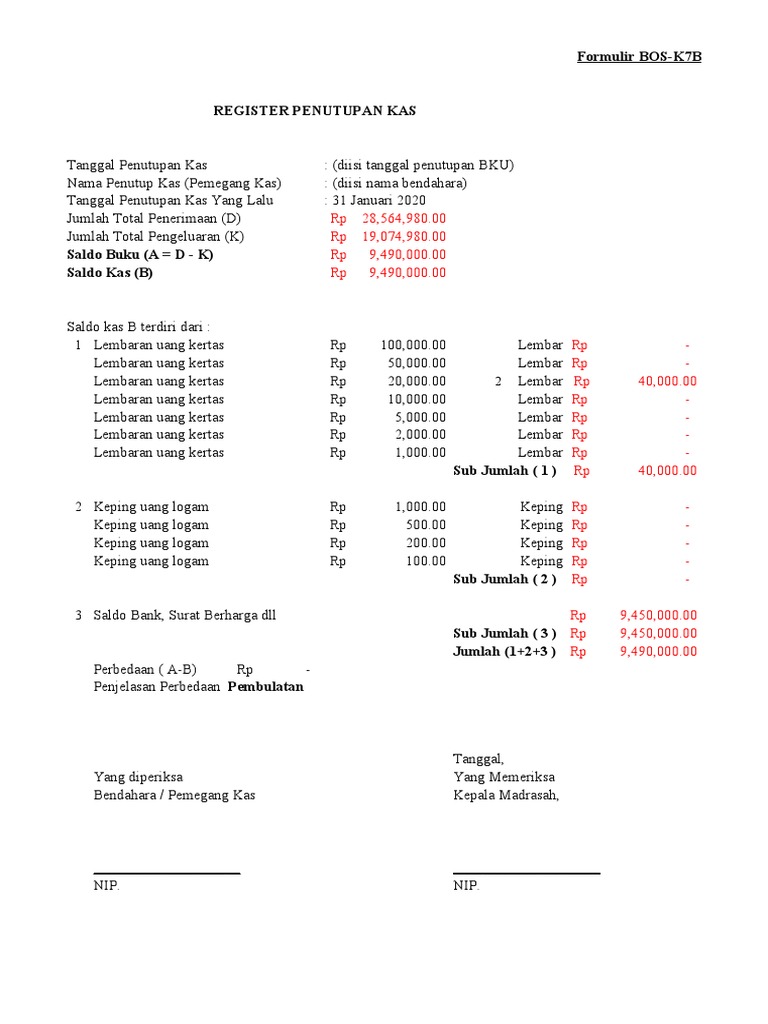 Contoh K7 B C BOS - Form Opname KAS - Keterangan Terdapat Di Juknis Hal 48 Dan 52 | PDF