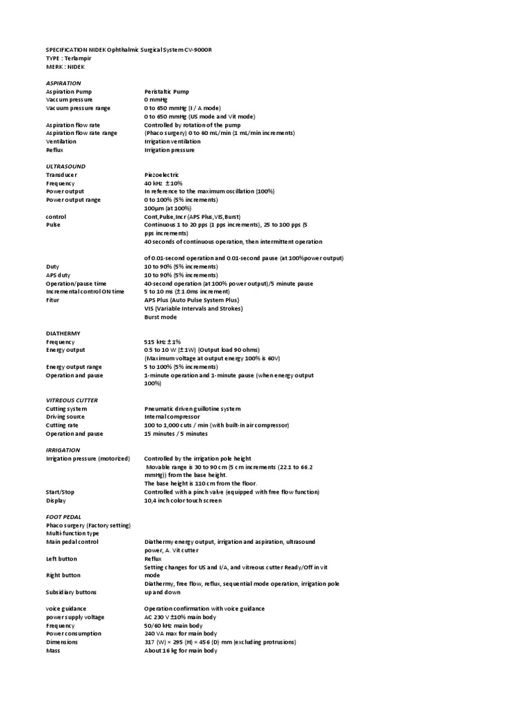 Spesifikasi NIDEK Ophthalmic Surgical System CV-9000R | PDF | Pump ...