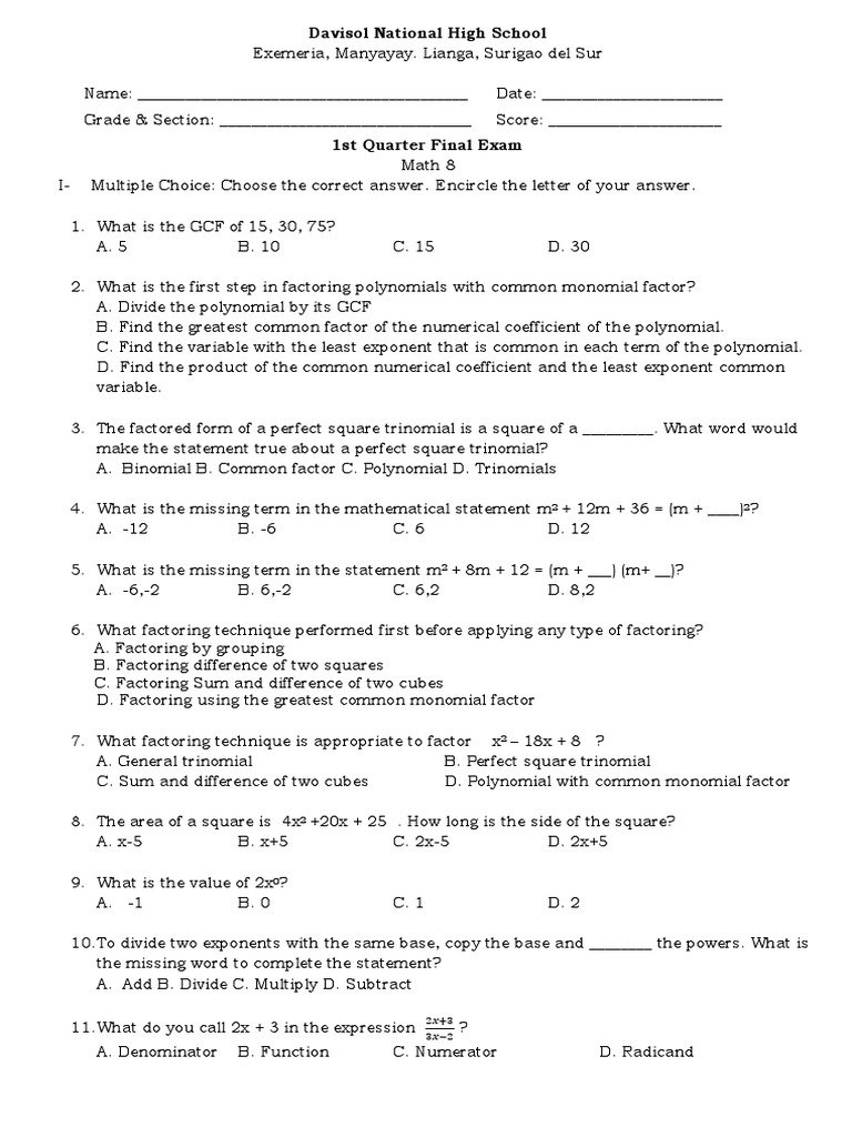 Math 8 Final Exam: Factoring & Algebra | PDF | Factorization | Polynomial