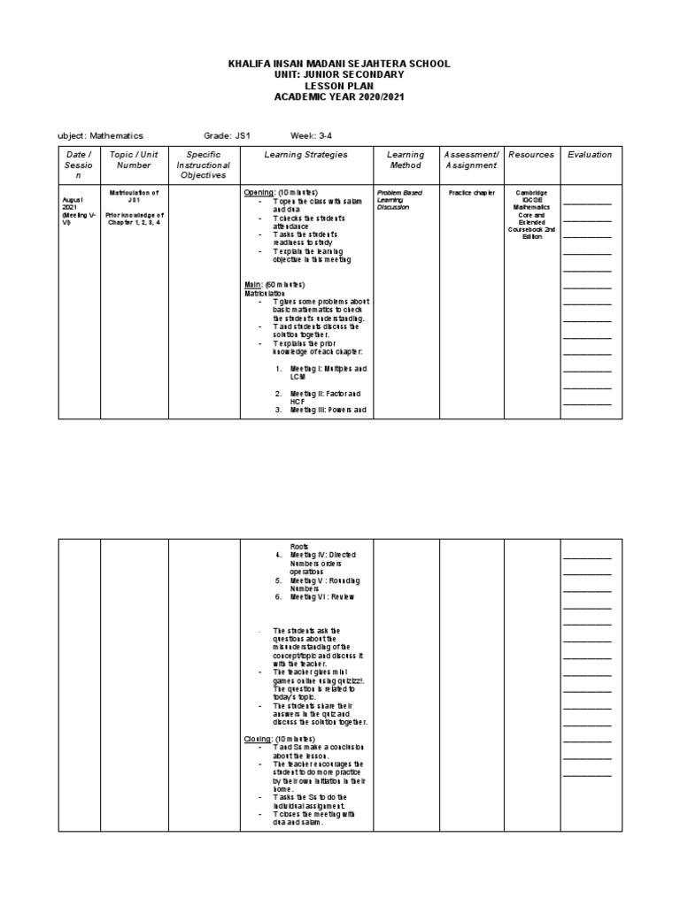 Lesson Plan Math Matriculation For Number | PDF | Lesson Plan ...