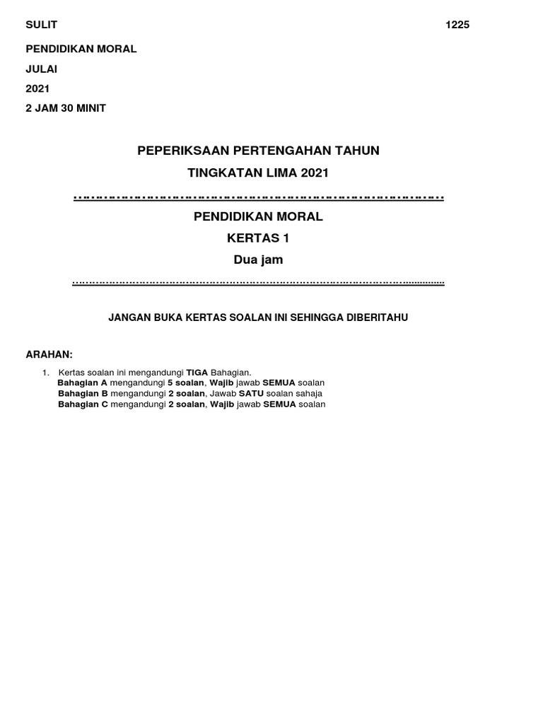 SOALAN PEPERIKSAAN TINGKATAN 5 2021 PEND MORAL Skema | PDF