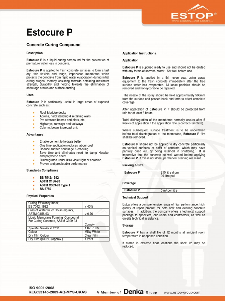 Estocure P Concrete Curing Compound: Description, Application ...