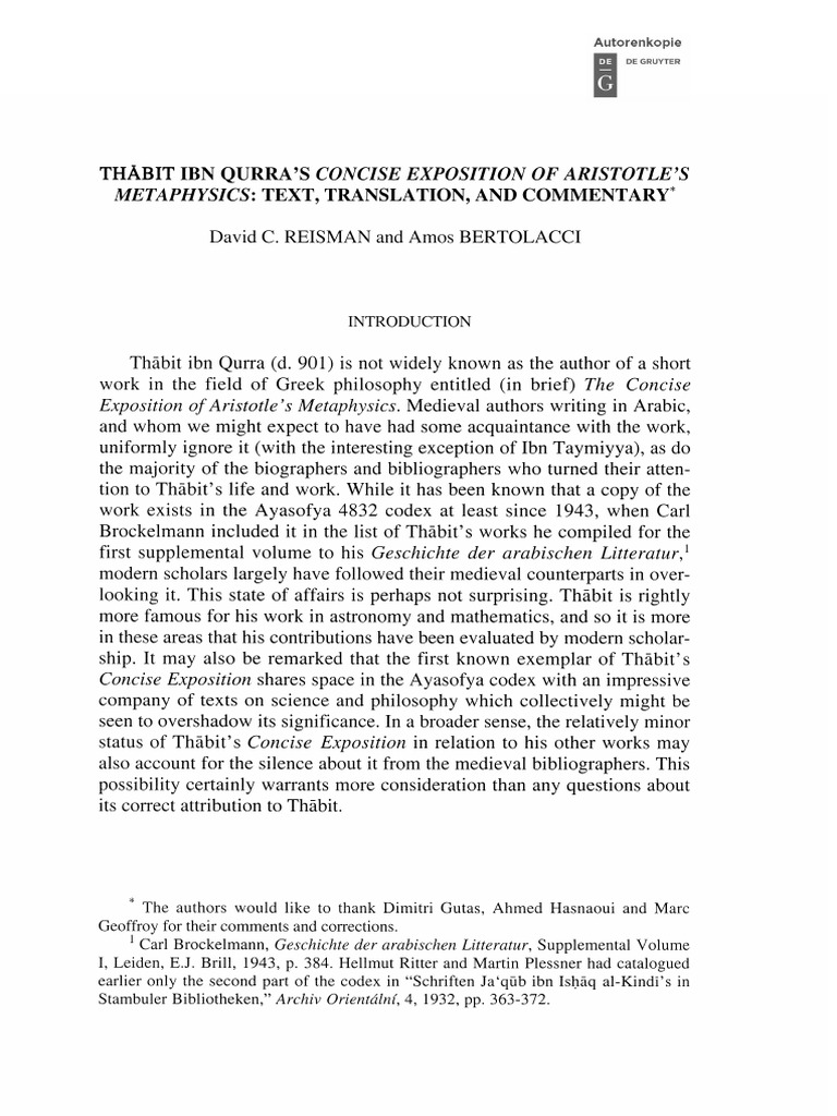 Thabit Ibn Qurra S Concise Exposition o | PDF