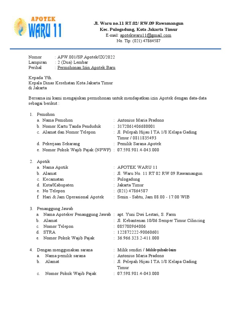 1.1 Surat Permohonan Izin Apotek | PDF | Kesehatan Holistik
