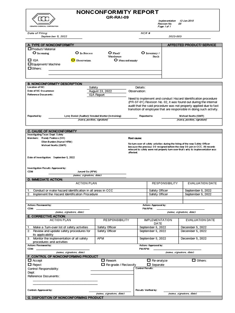 NON-CONFORMITY Report (SAF) | PDF | Business