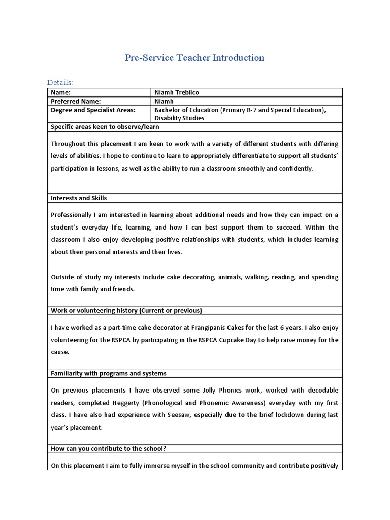 Pre Service Teacher Introduction Form | PDF | Communication | Learning ...