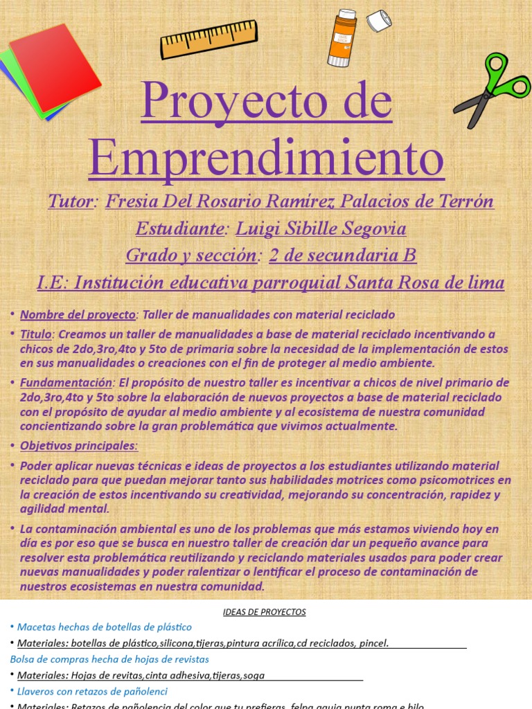 Proyecto de Emprendimiento Ept SIBILLE SEGOVIA - PPTX Taller de Manualidades | PDF
