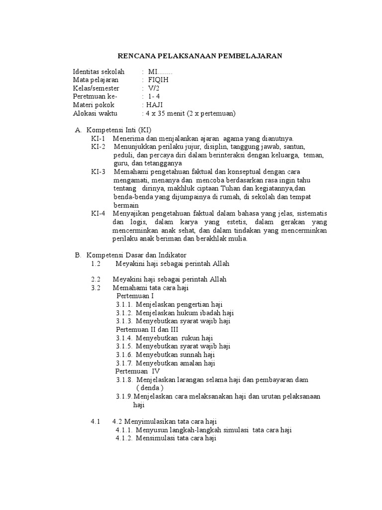 RPP K13 Fiqih Kelas 5 Semester 2 Haji | PDF