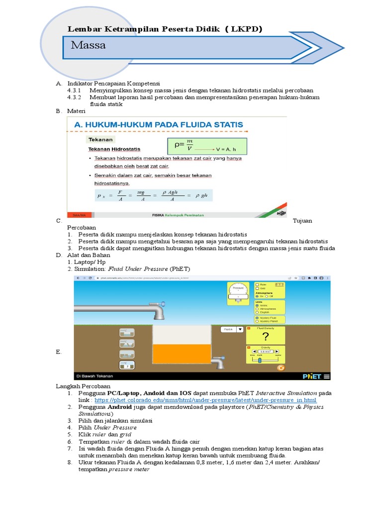 Eksperimen Tekanan Hidrostatik dan Massa Jenis Fluida melalui Simulasi PhET | PDF