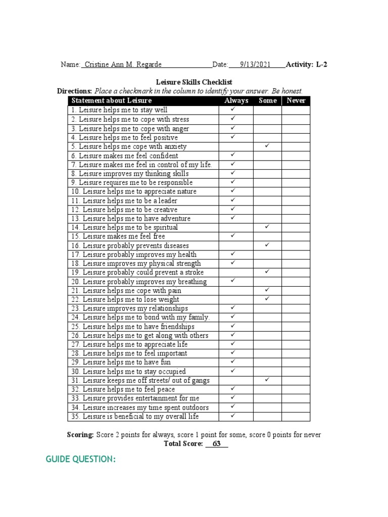 1 Leisure Checklist | PDF | Behavioural Sciences | Cognitive Science