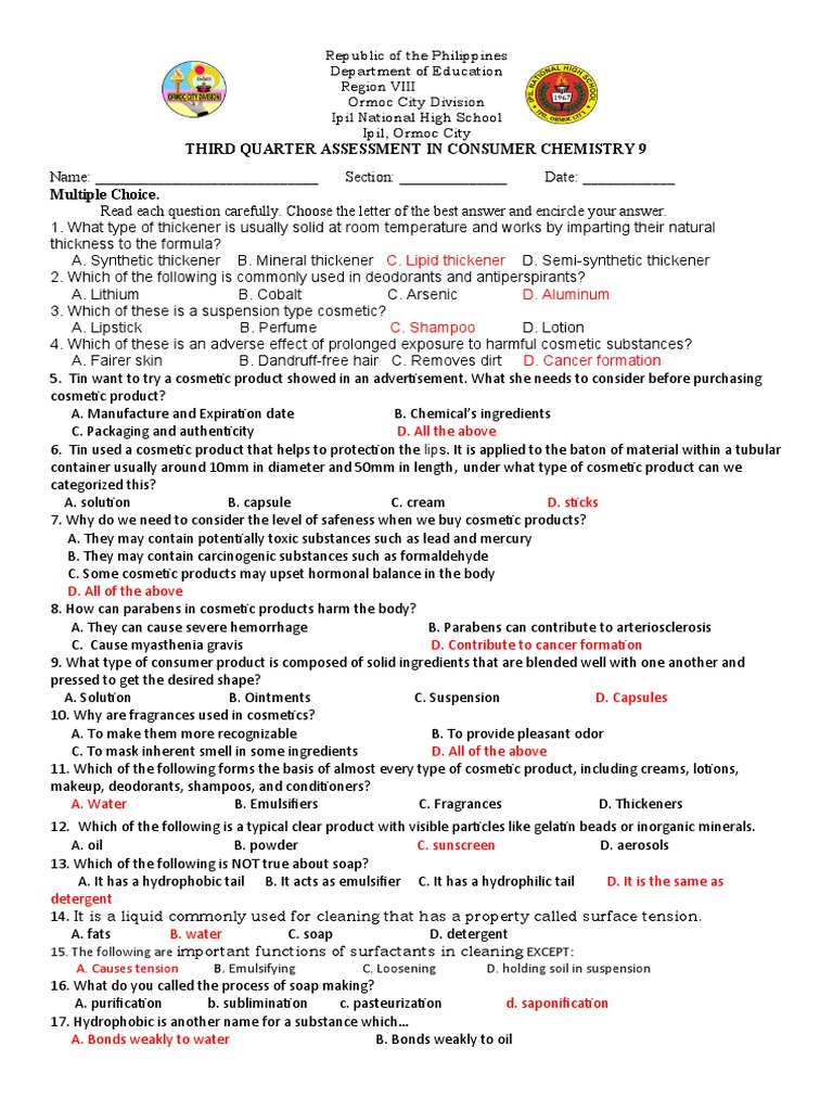 3rd Quarter Exam - Consumer Chem | PDF | Cosmetics | Dye