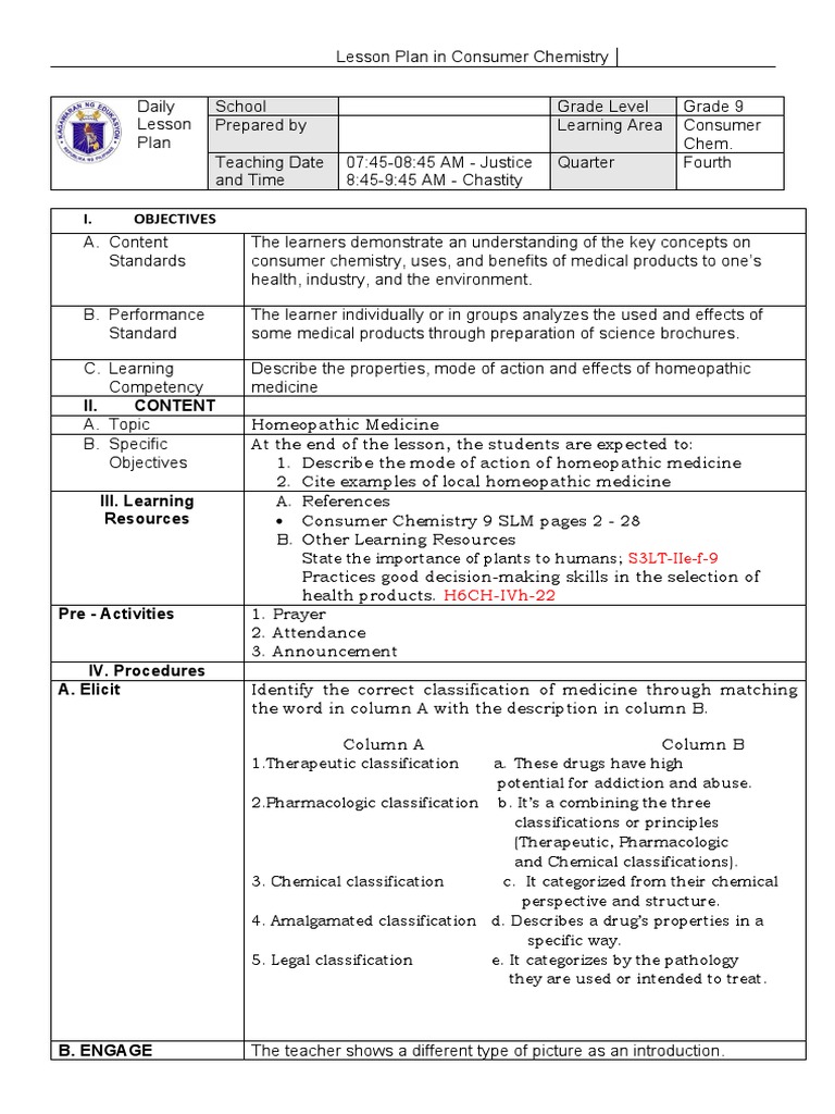 Lesson Plan in Consumer Chem | PDF | Homeopathy | Pharmacology