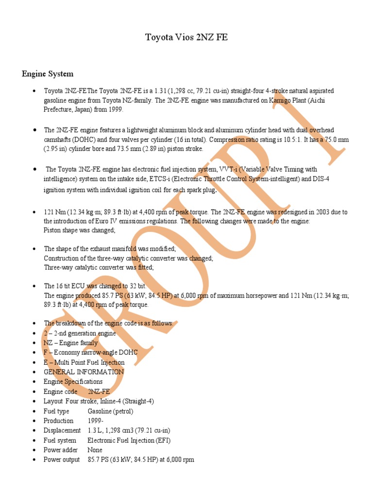 Toyota Vios 2NZ FE ENGINE SYSTEM 2 | PDF