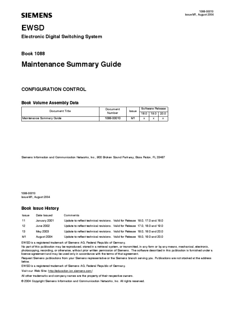 EWSD - BOOK 1088 - 001 - Im1 - Maintenance Summary Guide | PDF | Siemens | Trademark