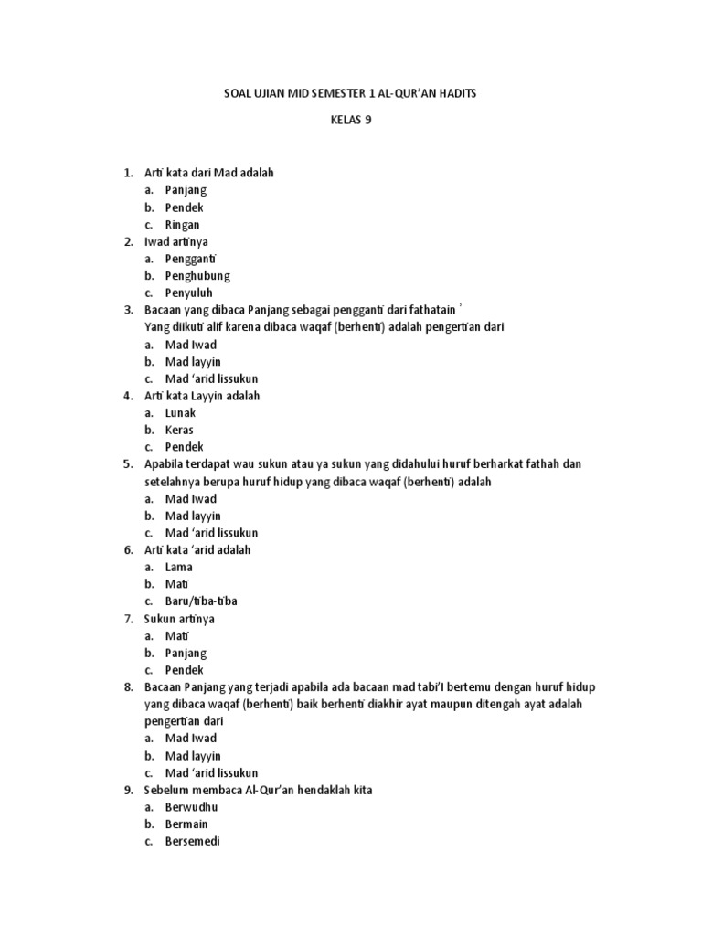 Soal Ujian Mid Semester 1 Al Quran Hadits KLS 9 | PDF