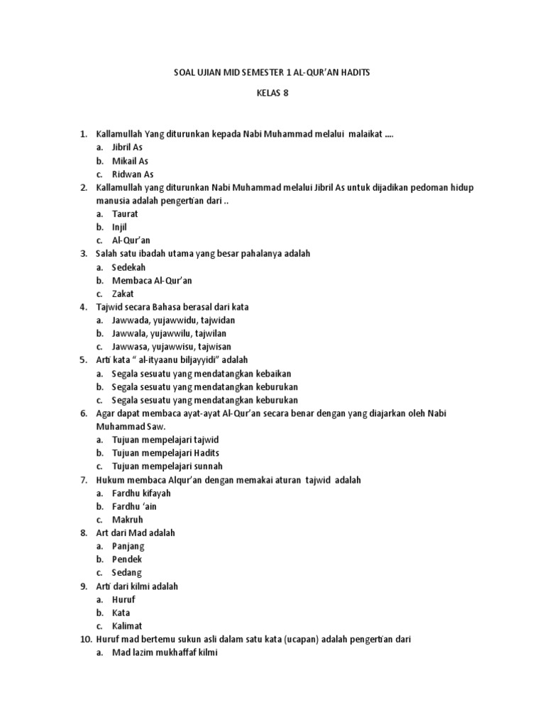 SOAL UJIAN MID SEMESTER 1 AL Quran Hadits Kls 8 | PDF