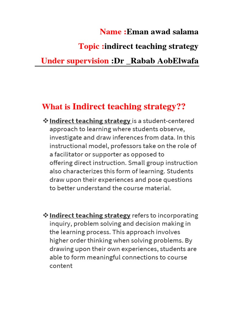 Indirect Teaching Strategy??: Name: Topic: Under Supervision | PDF ...