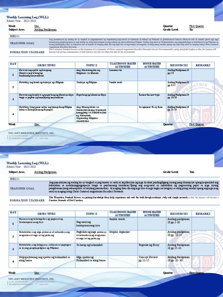 Prepared By: Lino D. Joco: Weekly Learning Log (WLL) | PDF