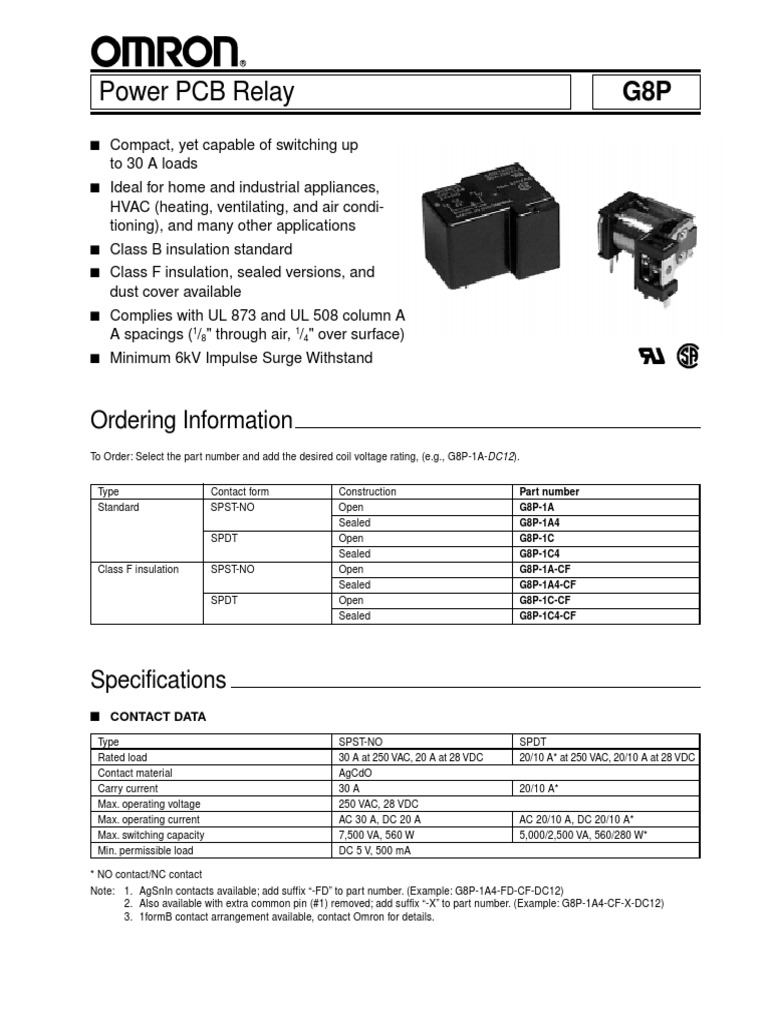 Omron G8P 114P FD US DC12 Datasheet | PDF | Switch | Relay