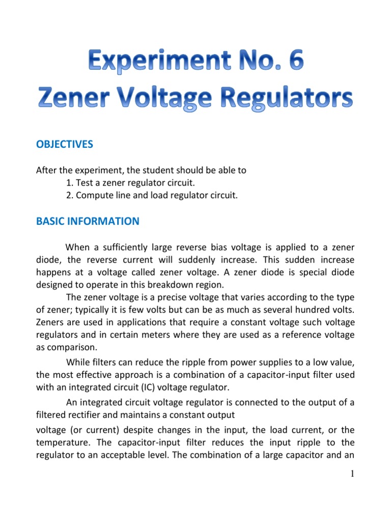 Experiment No 6 Zener Diode Pdf Power Supply Capacitor