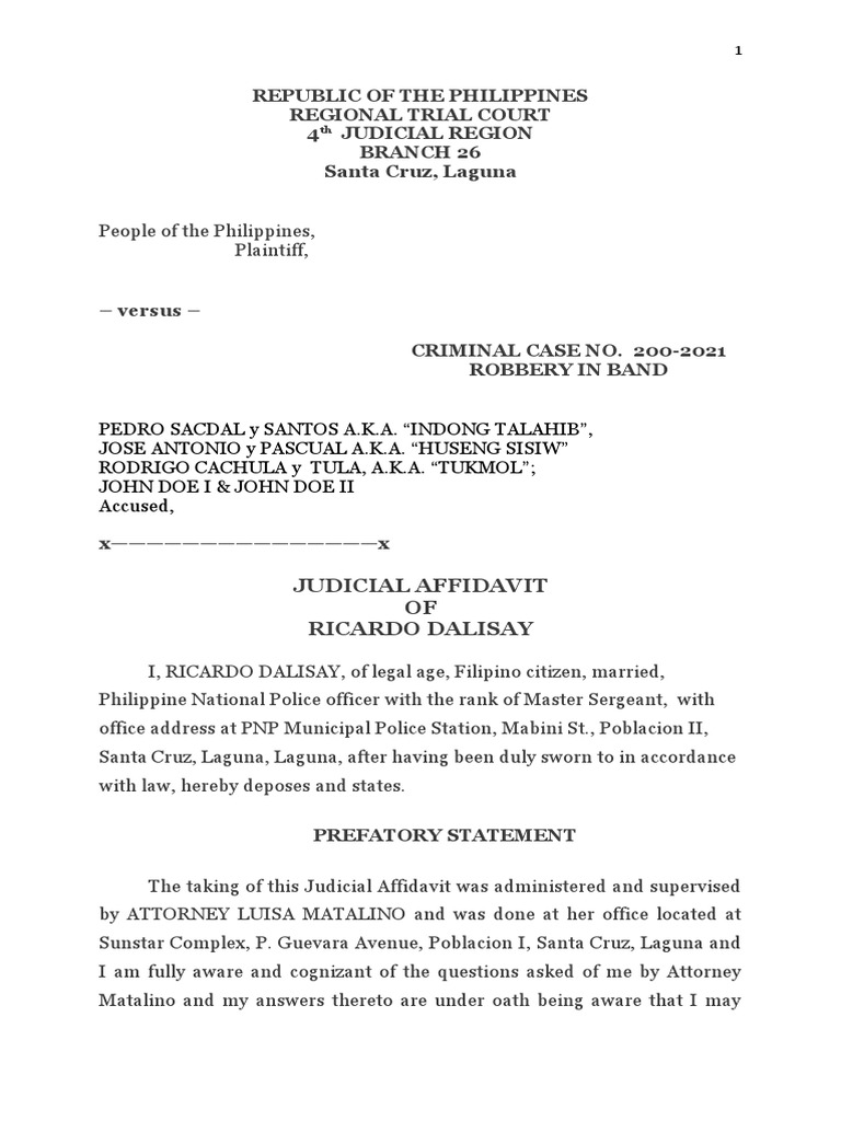JUDICIAL AFFIDAVIT Sample | PDF | Affidavit | Common Law