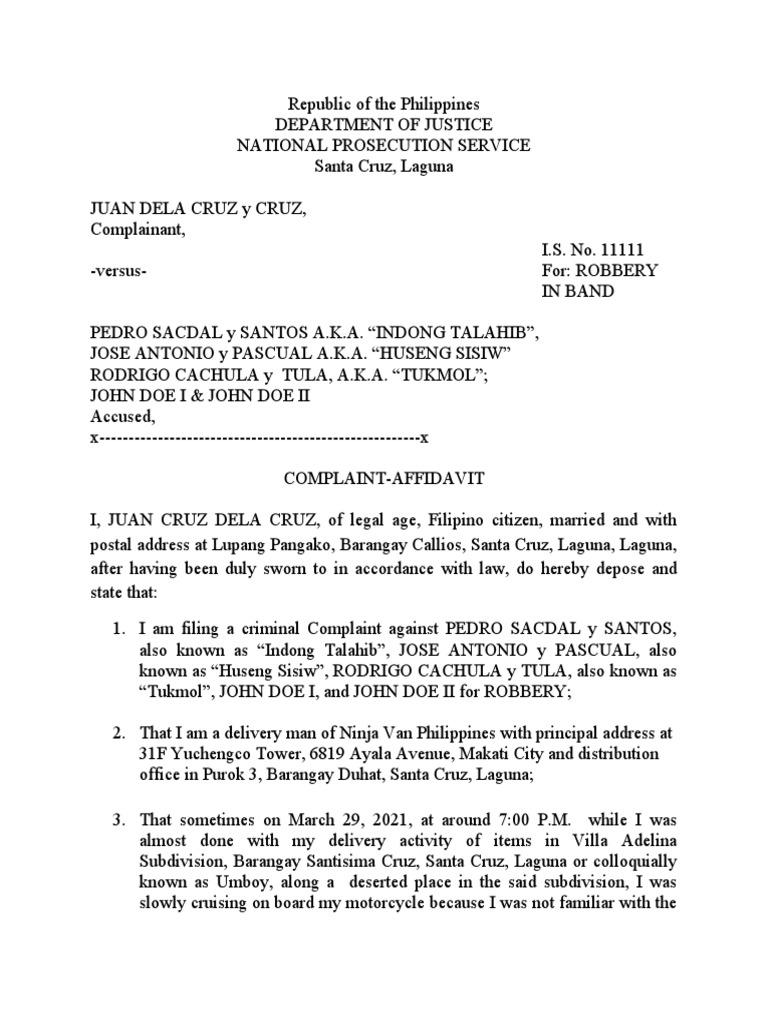 Complaint Affidavit Sample | PDF | Affidavit | Justice