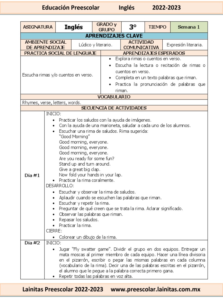 04 Octubre - Inglés Preescolar (2022-2023) | PDF | Educación de la ...