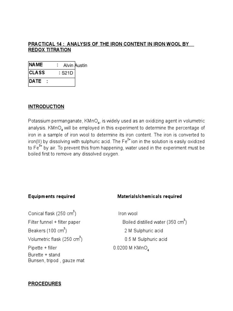 Practical 14 Iron Wool by Redox Titration | PDF | Titration | Chemistry