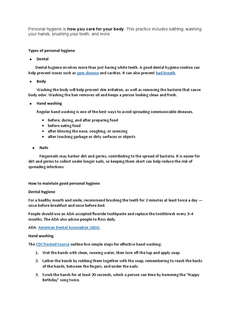 Personal Hygiene | PDF | Hygiene | Oral Hygiene
