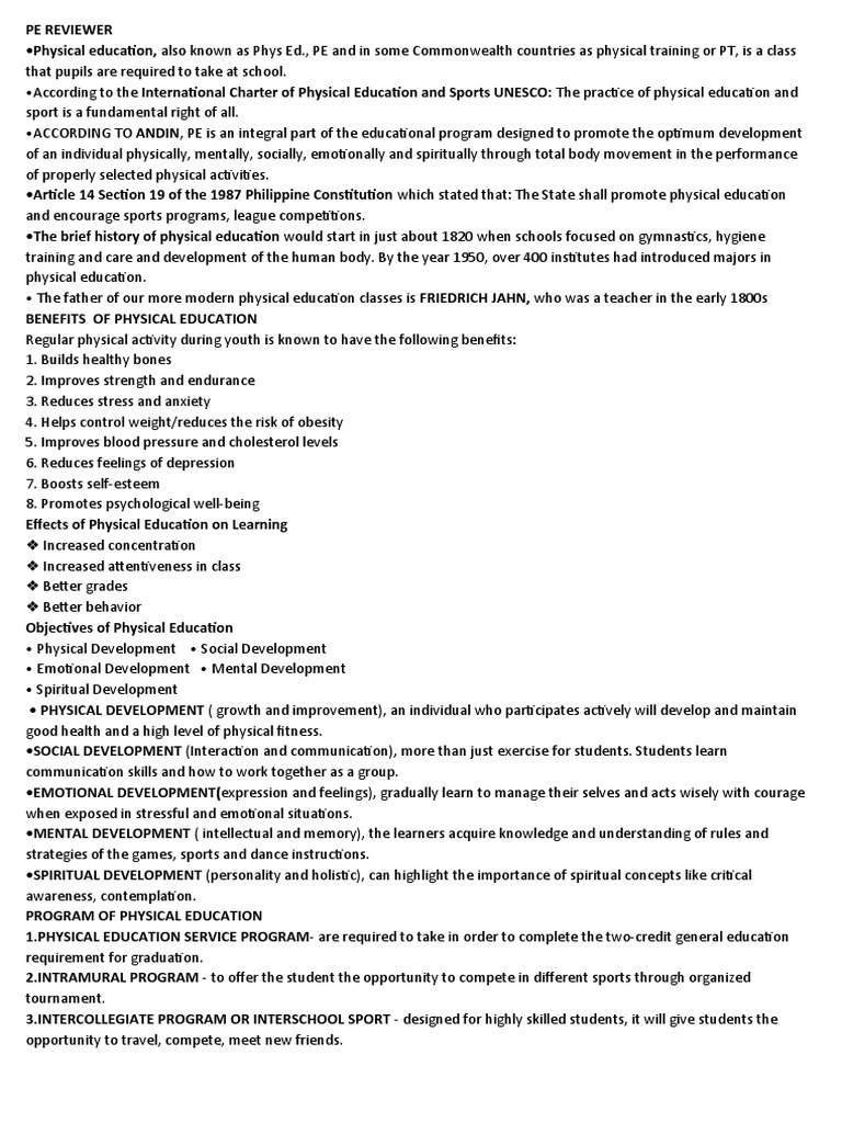 Pe Reviewer | PDF | Respiratory Tract | Nervous System