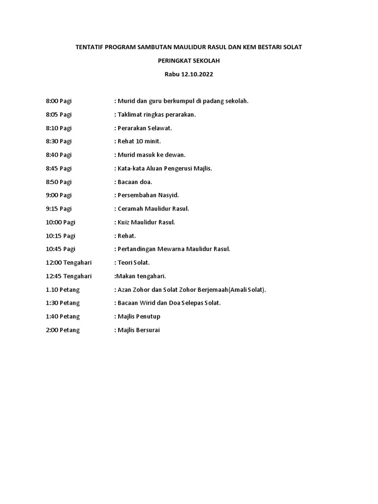 Tentatif Program Sambutan Maulidur Rasul Dan Kem Bestari Solat | PDF