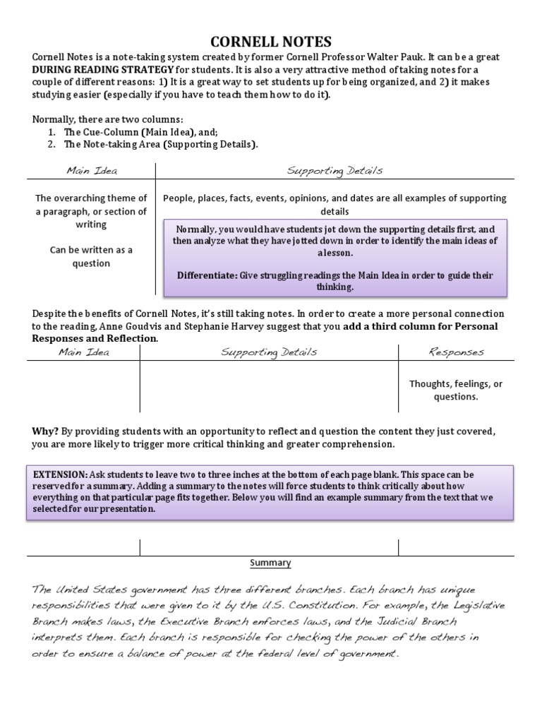 Cornell Notes | Federal Government Of The United States | Reading ...