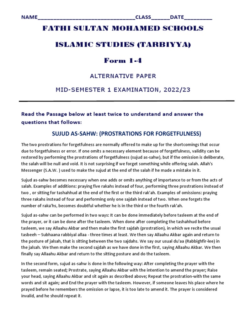 ISLAMICS EXAMS - Secondary | PDF | Semitic Words And Phrases | Prayer