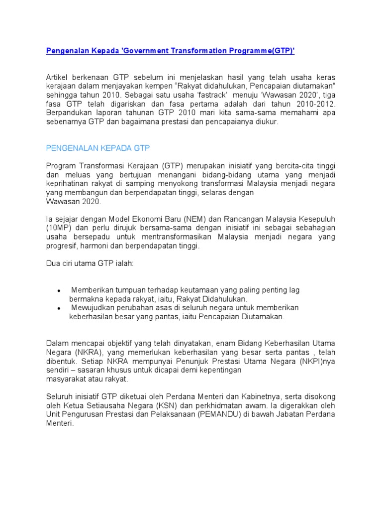Pengenalan Kepada 'Government Transformation Programme (GTP) ' | PDF ...