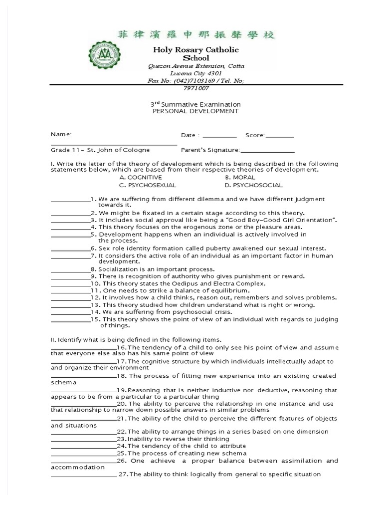Summative Grade 11 Personal Development | PDF | Reason | Schema ...