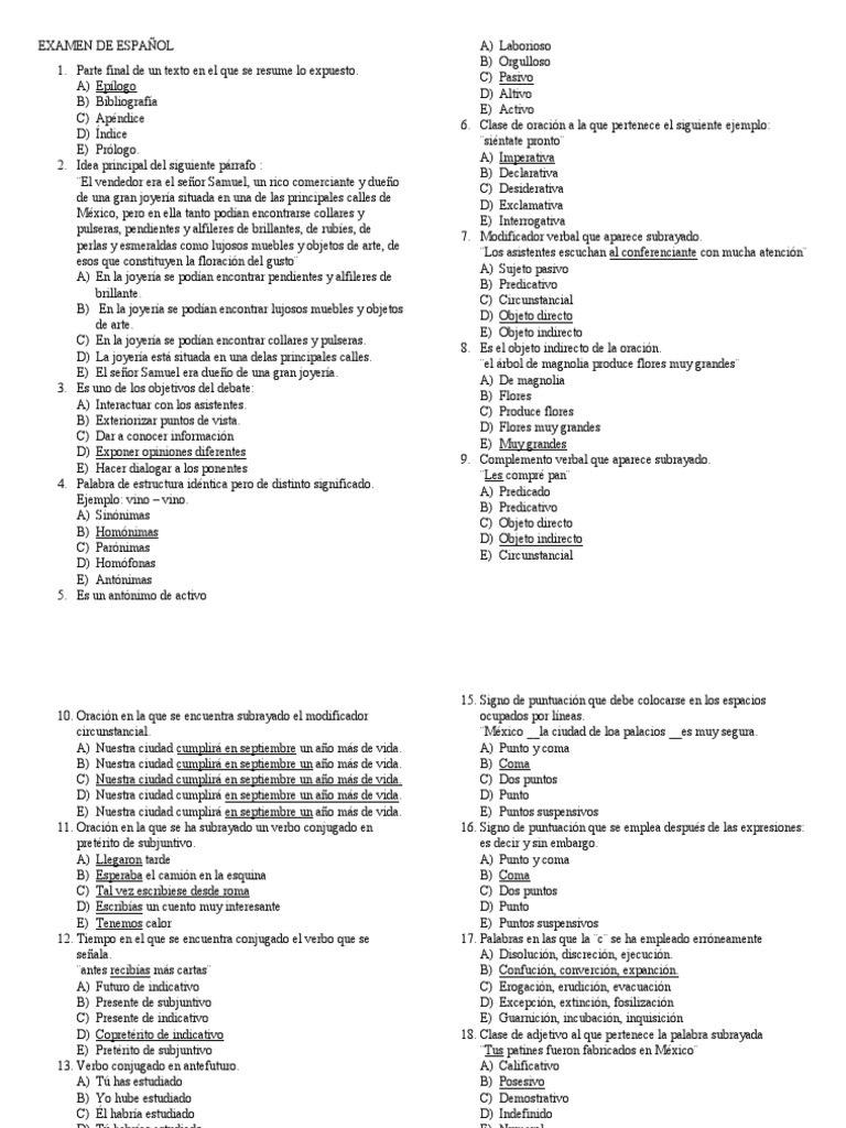 Examen de Español: Preguntas y Respuestas | PDF | Verbo | Realismo ...