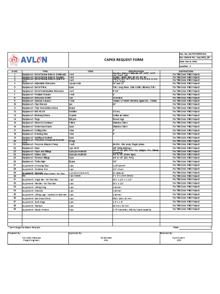 Capex Request Form (Tools & Materials) | PDF