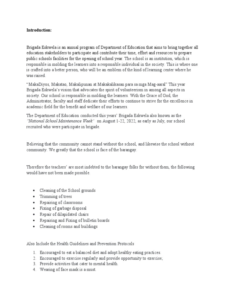 Brigada Eskwela Narrative and Accomplishment Sample | PDF | Wall