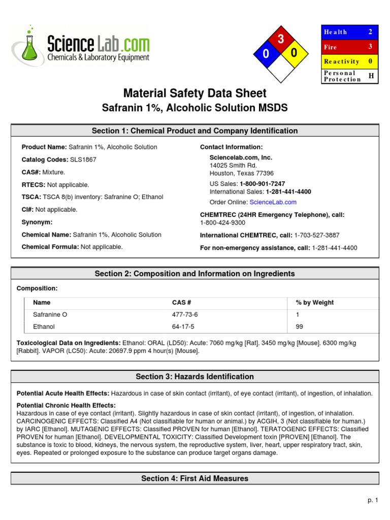 Msds Safranin | PDF | Fires | Toxicity