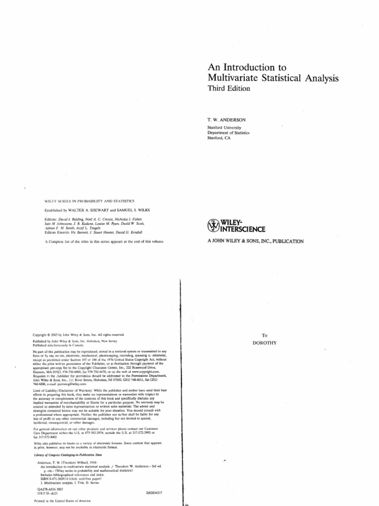An Introduction To Multivariate Statistical Analysis (Wiley Series in Probability and Statistics ...