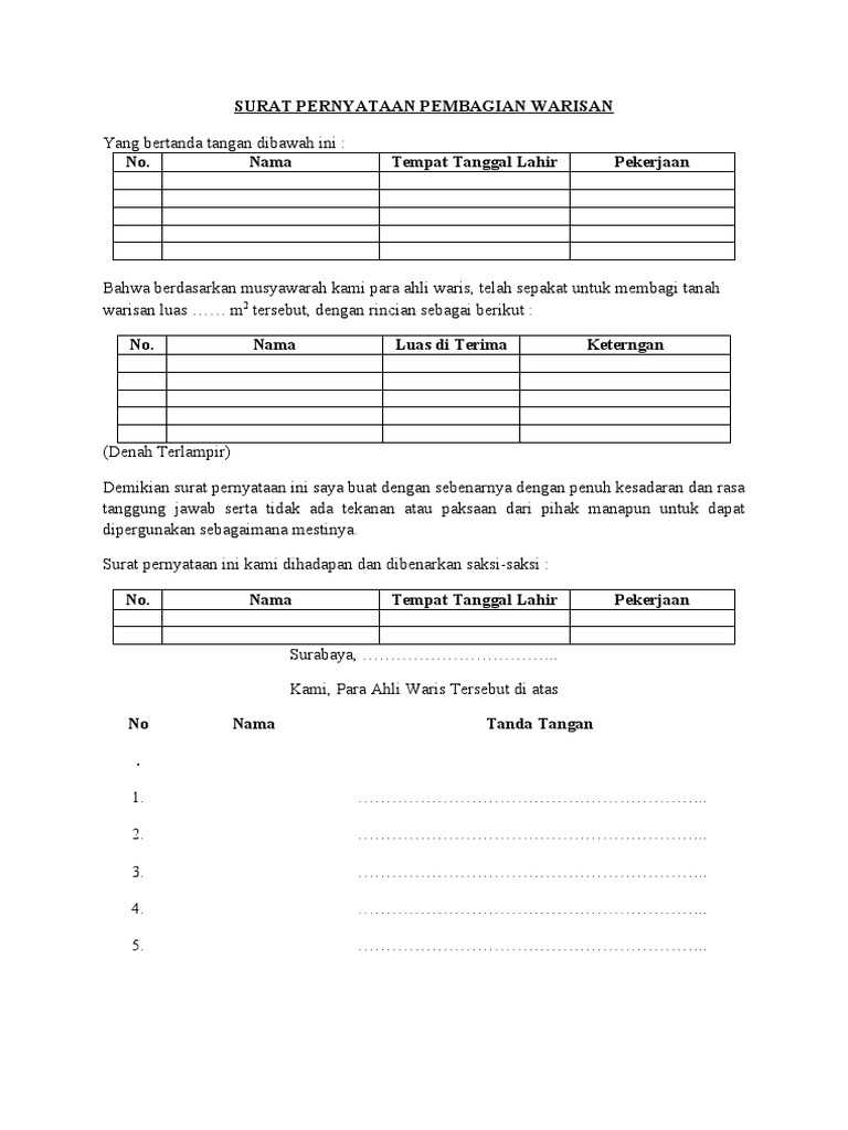 Surat Pernyataan Pembagian Warisan | PDF